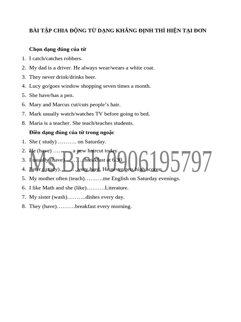 Bai Tap Chia Dong Tu Dang Khang Dinh Thi Hien Tai Don | PDF