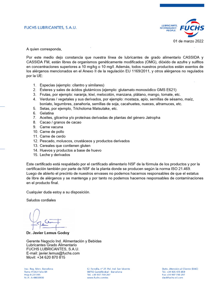Cassida Fluid Gl 220_alergenos_010322 | PDF