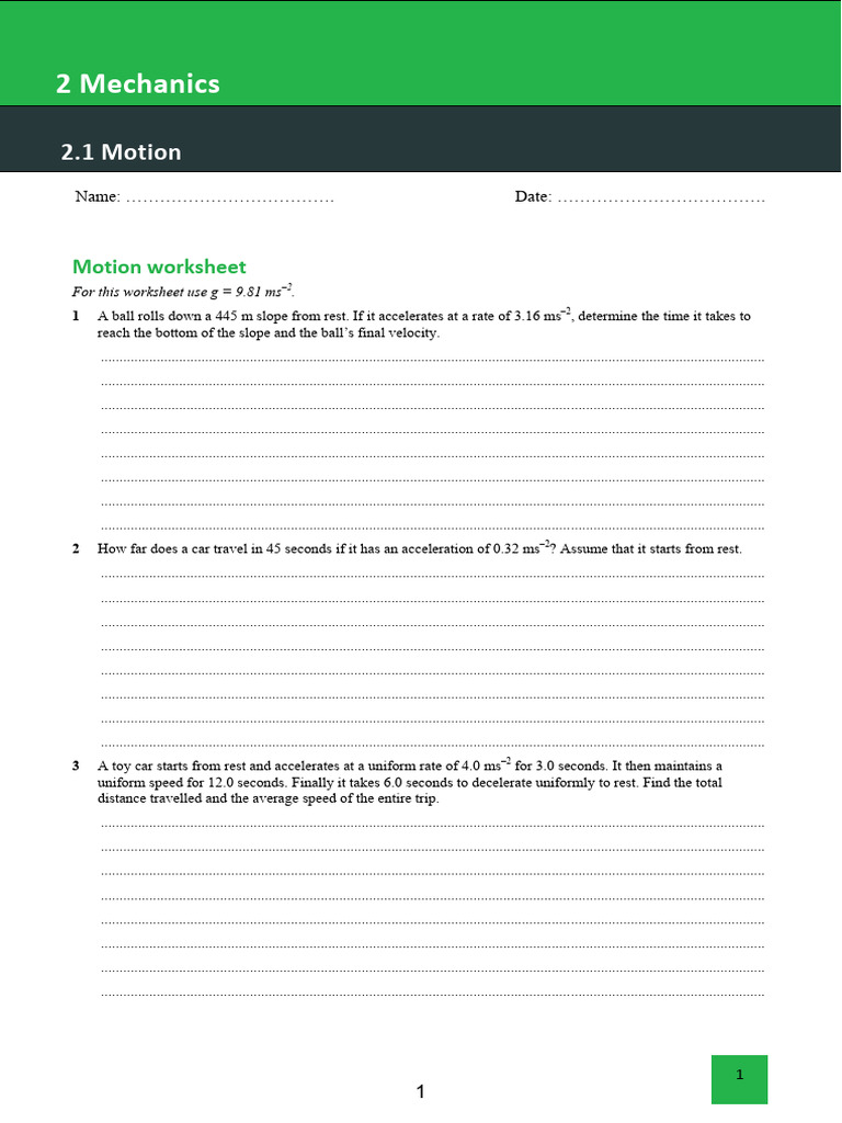 Motion and Force Worksheets | PDF | Force | Acceleration