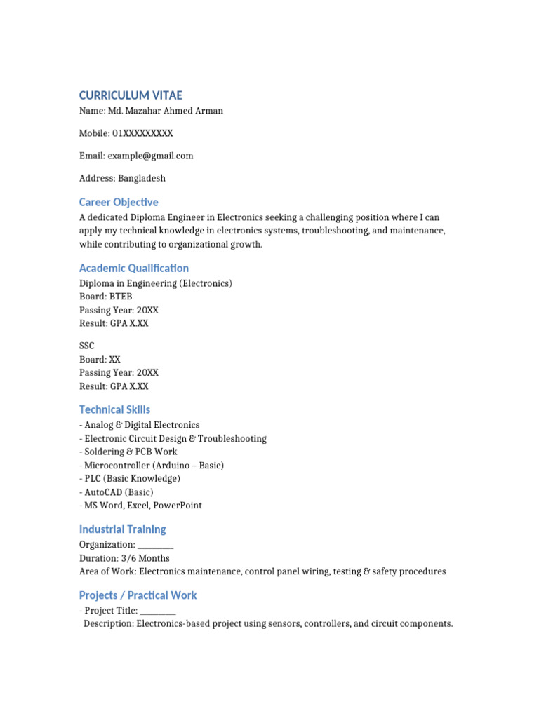 Diploma Engineer Electronics CV | PDF