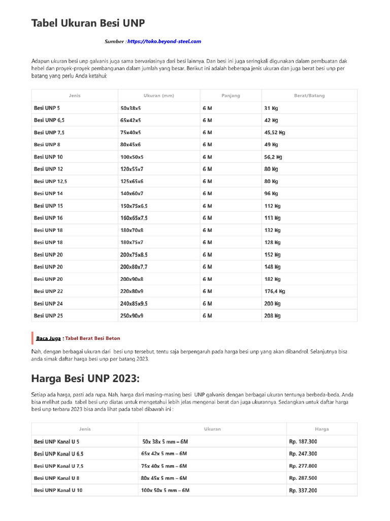 Harga Besi UNP 2023 Dan Tabel Ukuran Lengkap | PDF