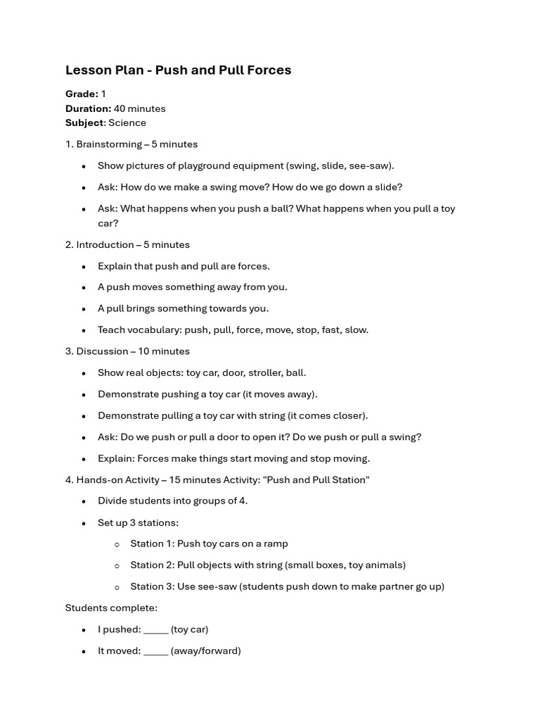 Grade 1 Lesson Plan - Push and Pull Forces | PDF