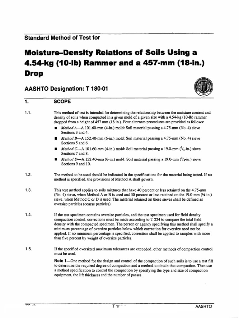 AASHTO T 180-01 Moisture-Density Relations of Soil 4.54 Kg Rammer and ...