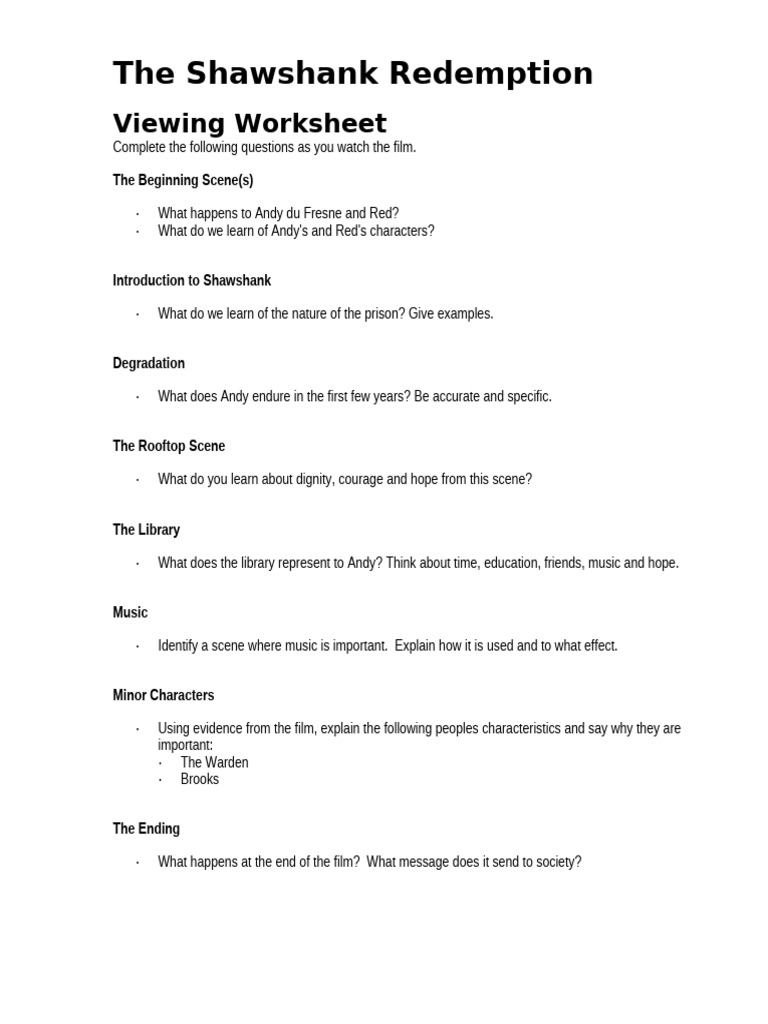 The Shawshank Redemption Viewing Worksheet | PDF