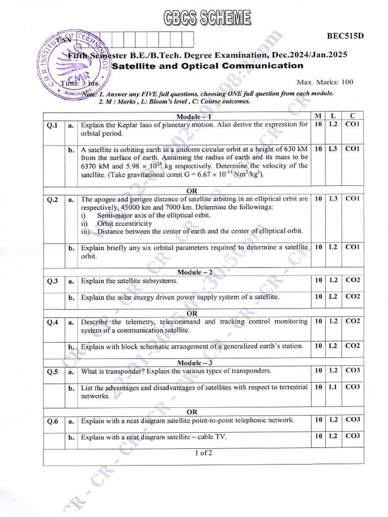 VTU Question Paper of BEC515D Satllite and Optical Communication Dec ...