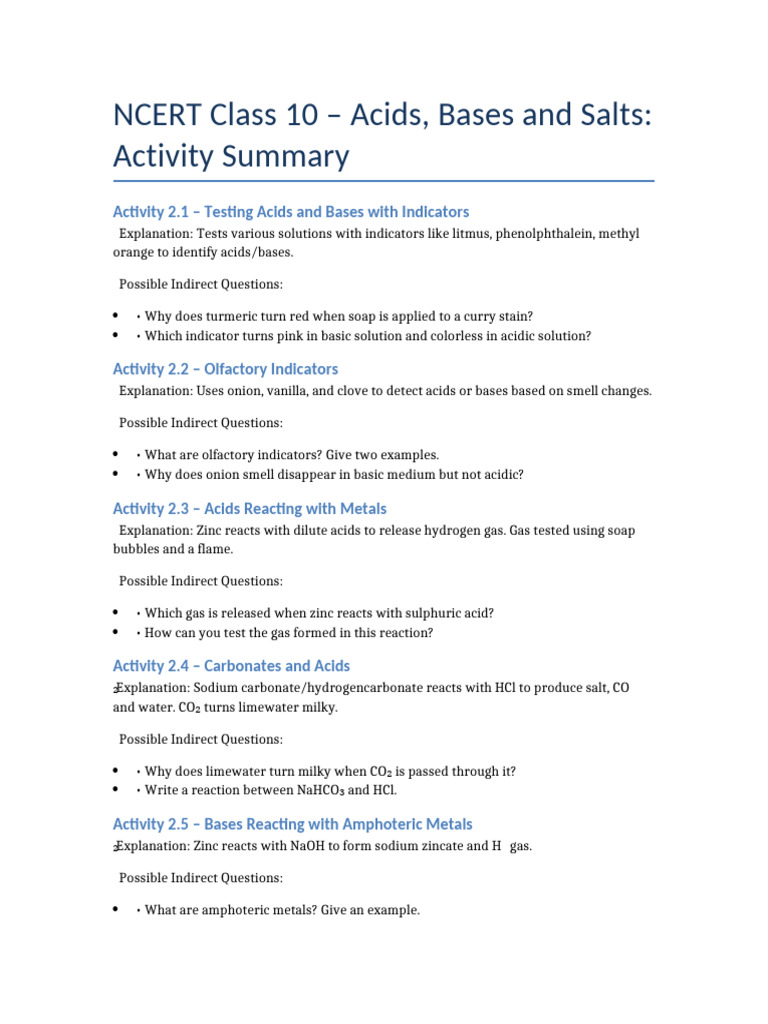 NCERT Acids Bases Salts Activity Summary With Answers | PDF | Acid | Ph