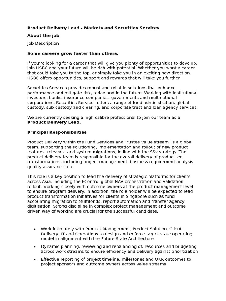 Product Delivery Lead HSBC | PDF | Securities (Finance) | Project ...