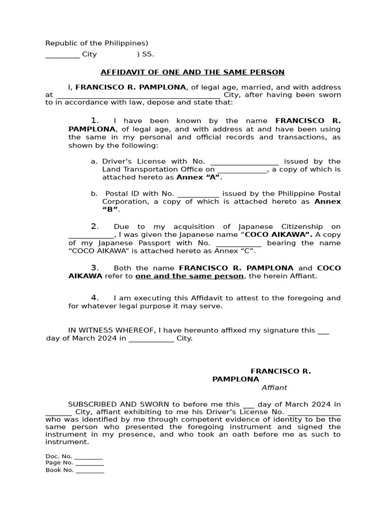 Affidavit One and the Same Person (Template)(1) | PDF