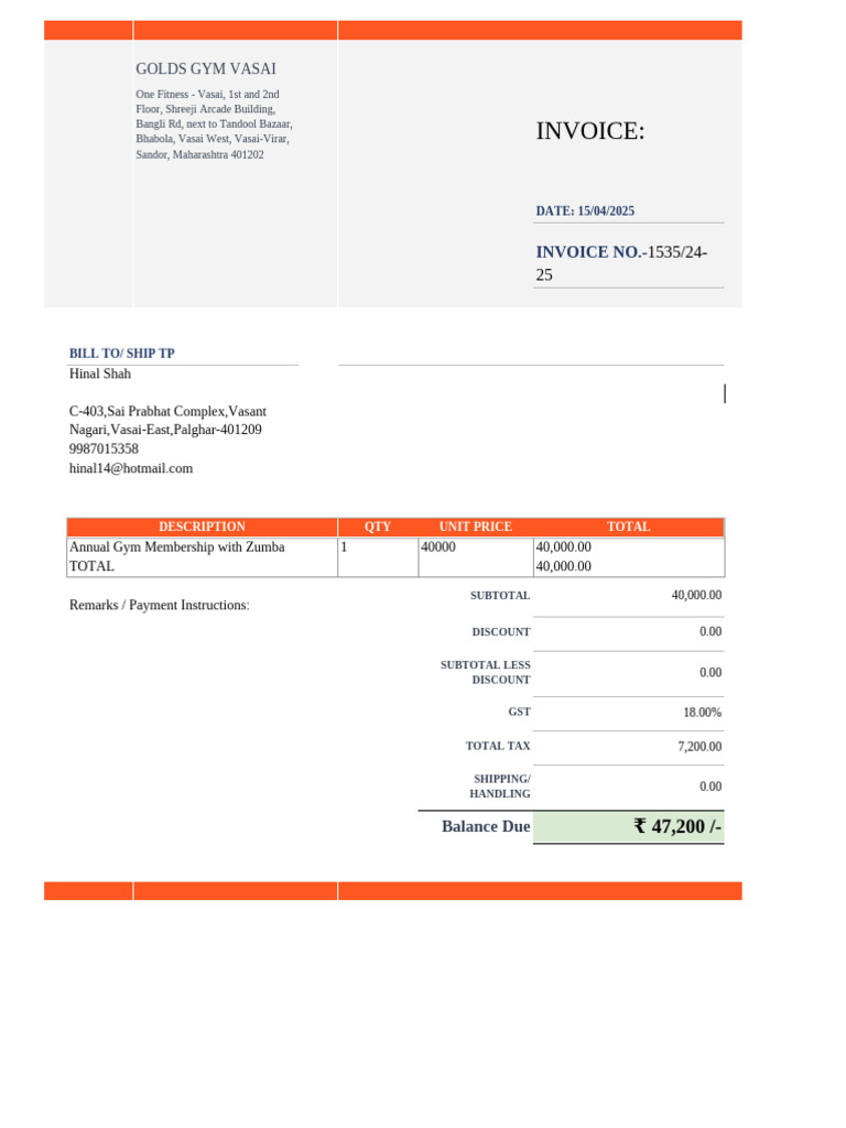 Gym Membership Invoice Template | PDF