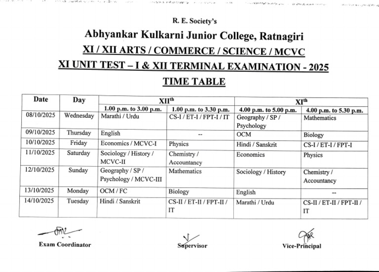 Time Table For Xi-Unit Test I and Xii Terminal Exam 2025 | PDF