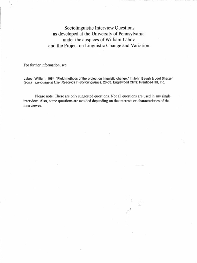 Labov - Sociolinguistic Interview Questions | PDF