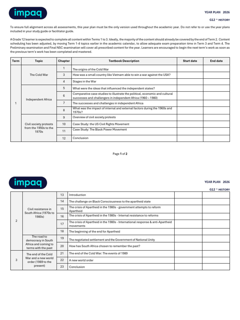 Grade 12 HIS Year Plan 2026 | PDF | Apartheid | Cold War