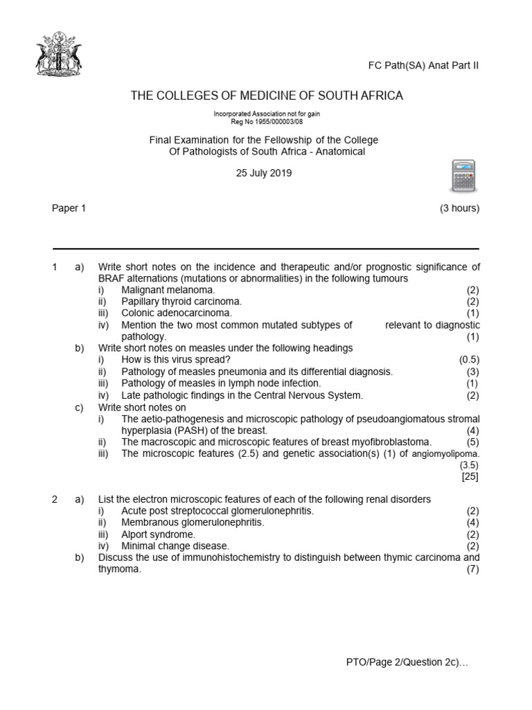 FC Path(SA) Anat Part II Past Papers - 2019 2nd Semester 6-4-2021 | PDF ...