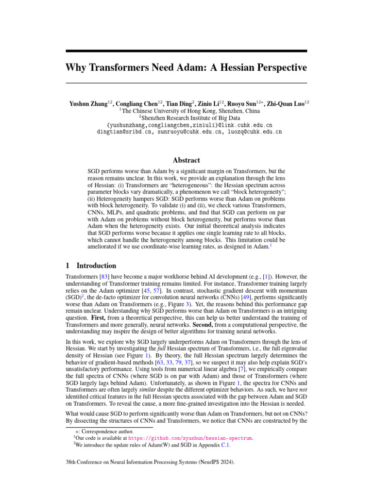 Why Transformers Need Adam- A Hessian Perspective | PDF | Algorithms ...