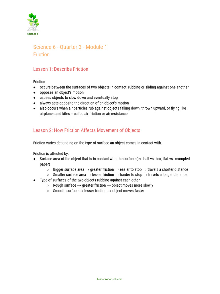 HuntersWoodsPH Science Notes Grade 6 3rd Quarter Copy | PDF | Friction ...