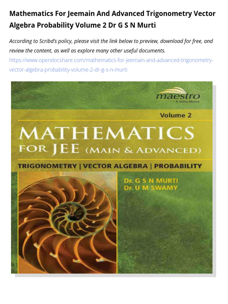 Mathematics For Jeemain And Advanced Trigonometry Vector Algebra Probability Volume 2 Dr G S N ...