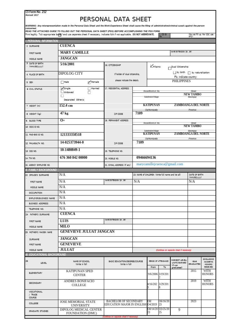 CS Form No. 212 Revised-2017 Personal-Data-Sheet | PDF | Government