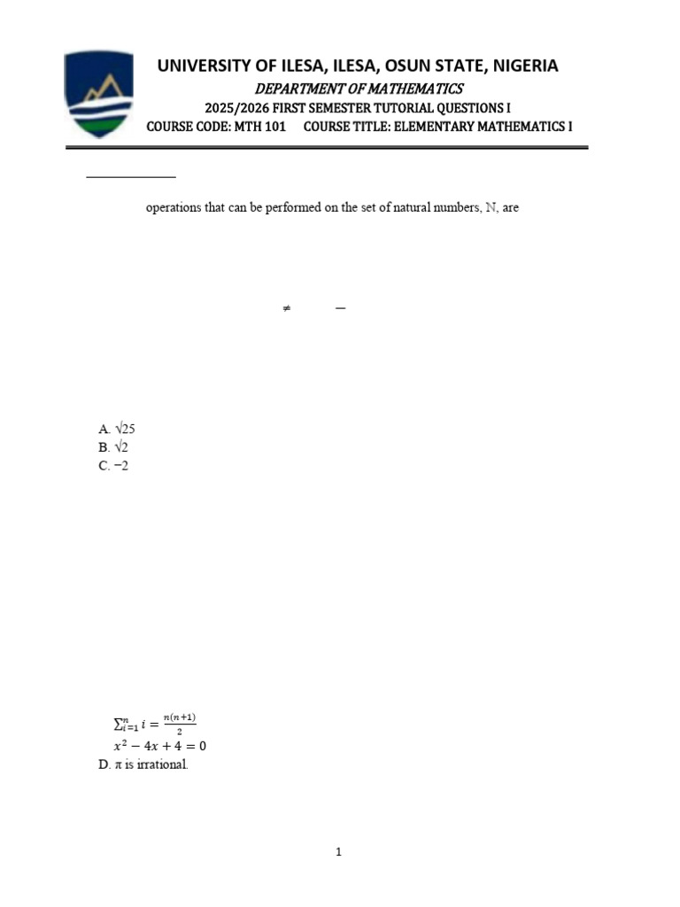 MTH 101 Tutorial Question I, 2025-2026 | PDF | Complex Number | Numbers