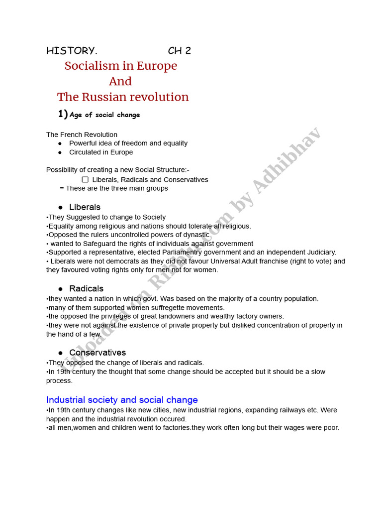 Notes of CH 2 Socialism in Europe and The Russian Revolution Class 9 ...