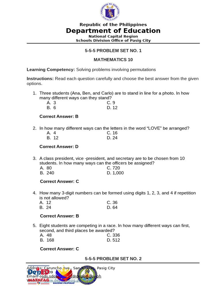 5-5-5 Problem Set 1_G10 Week 1 (1) | PDF | Probability | Permutation