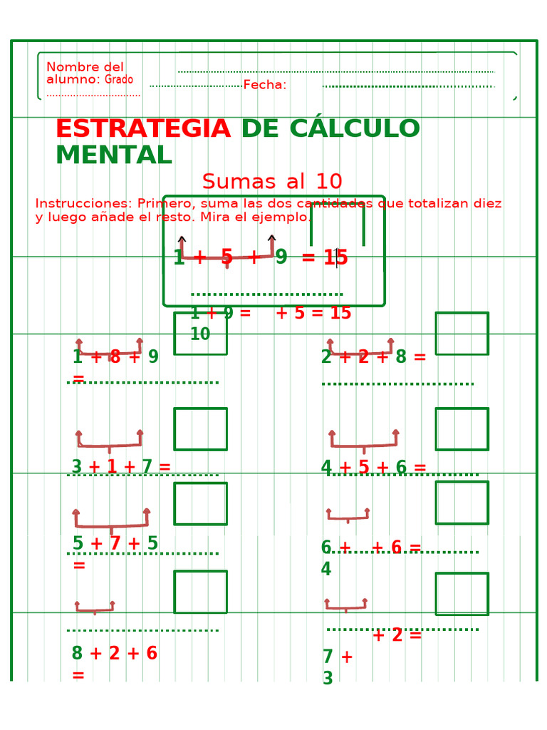 Hoja de Trabajo Estrategia de Cálculo Mental Sumas A Decenas Creativo ...