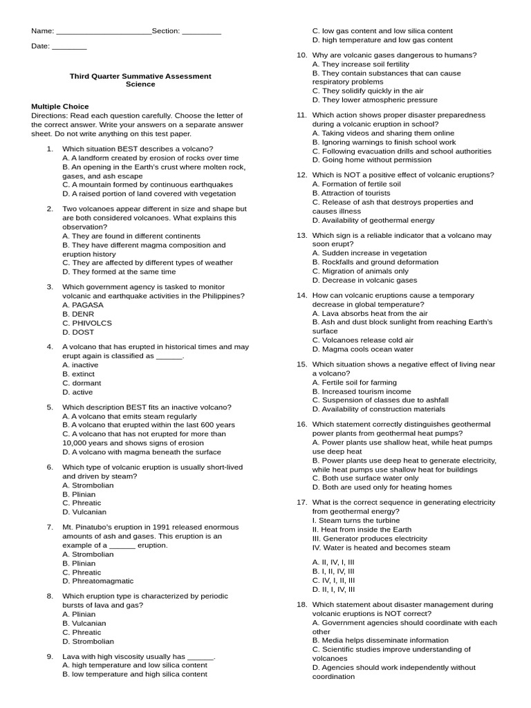 Summative Test Science 9 | PDF | Volcano | Equator