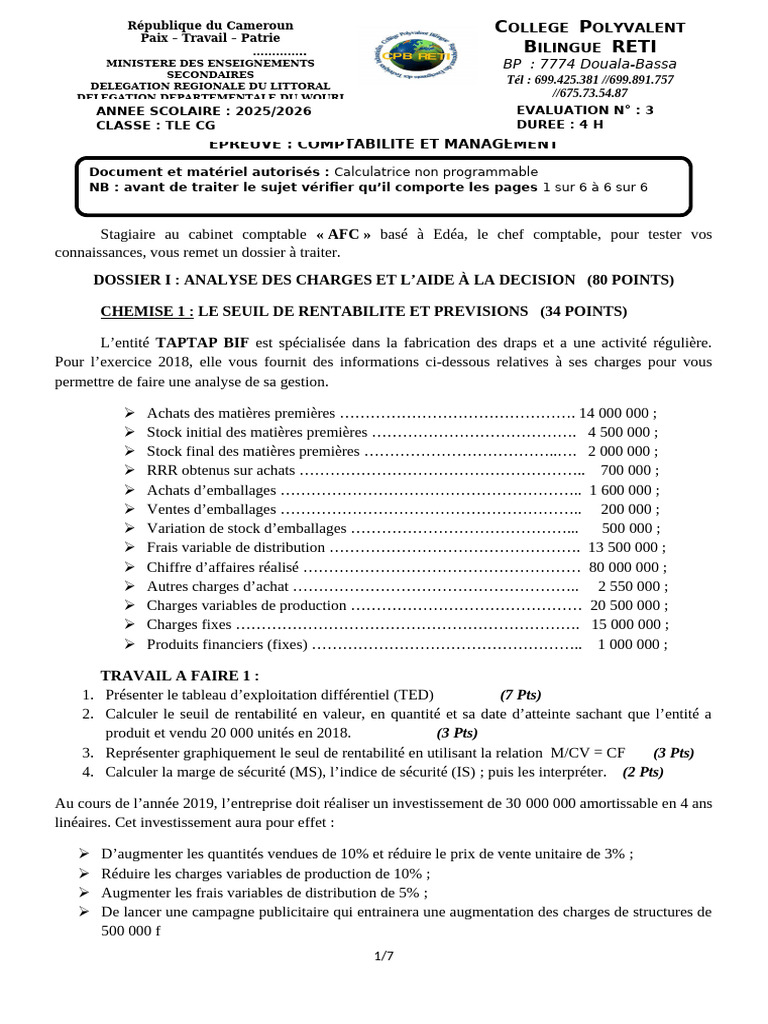 CPB Reti Tle CG C.M N°3 2025-2026 | PDF | Comptabilité | Production et ...