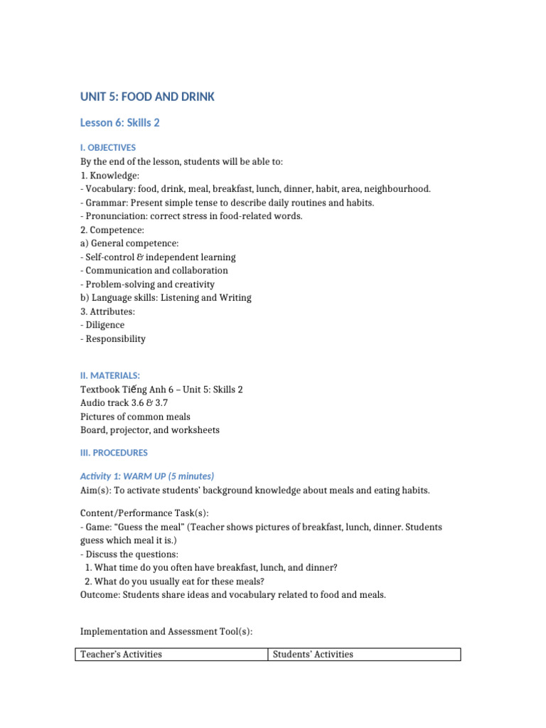Lesson Plan Unit5 Skills2 | PDF | Meal | Lunch
