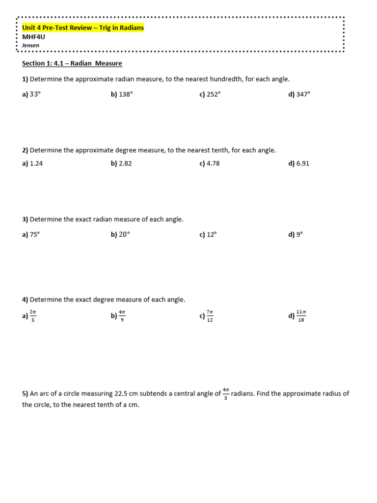 Unit 4 Review Trig in Radians | PDF | Trigonometry | Trigonometric ...