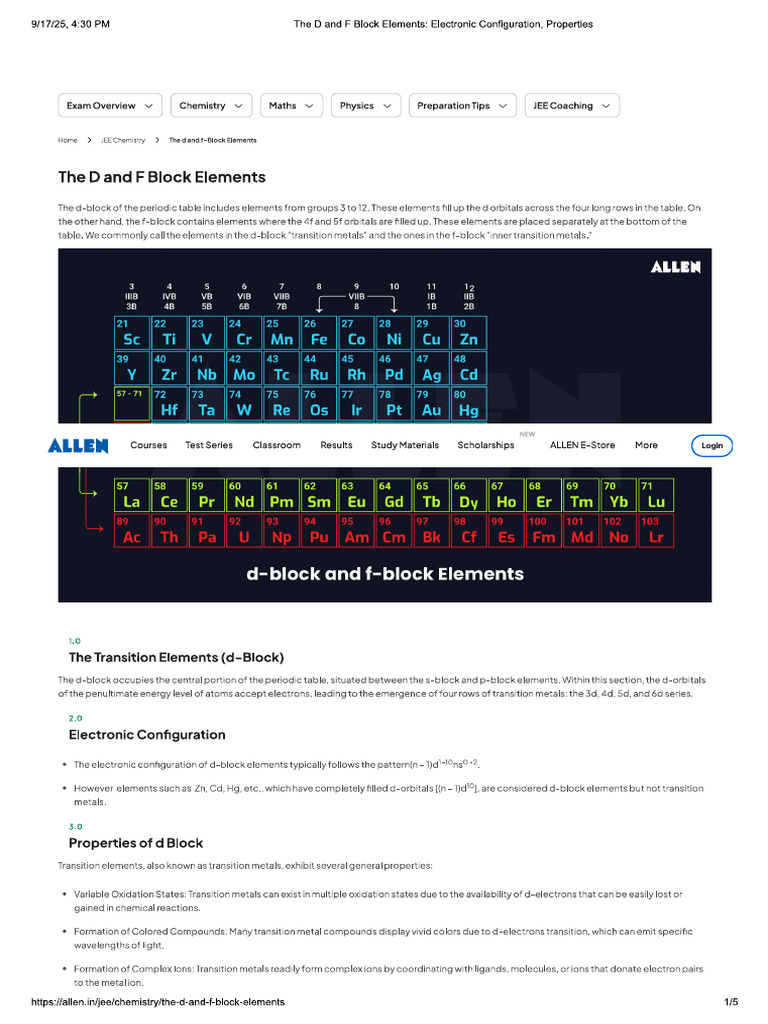 The D and F Block Elements | PDF