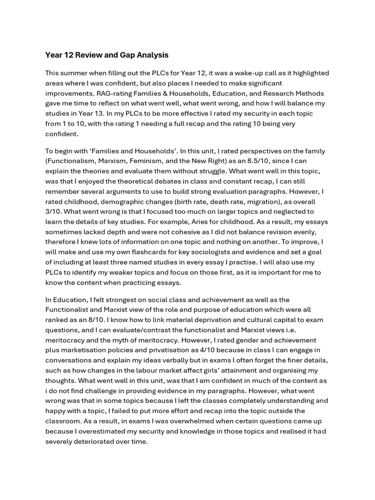 Year 12 Review and Gap Analysis | PDF | Sociology | Essays