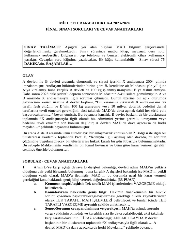 Mah I 20223 2024 Final Sinavi Sorulari Ve Cevap Anahtarlari | PDF