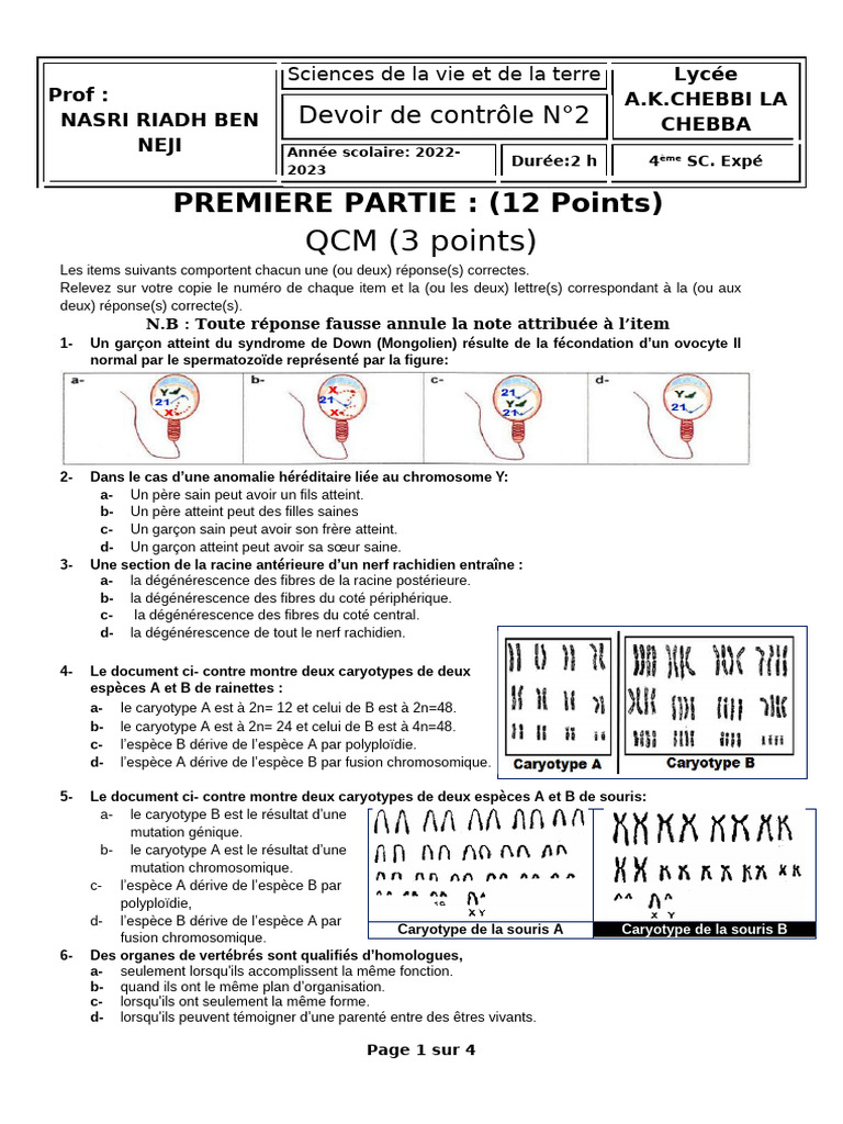 Devoir de Controle n2 Bac SC Expé 22 23 | PDF | Gène | Dominance ...