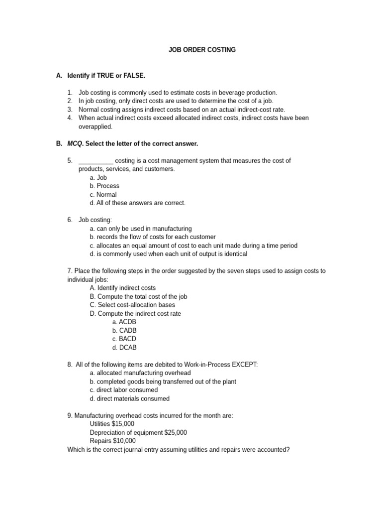 Job Order Costing Quiz | PDF | Depreciation | Economies