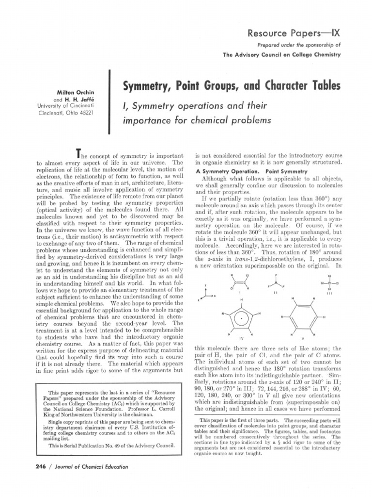 Symmetry. Point Groups and Character Tables I, Symmetry Operations and Their Importance For ...