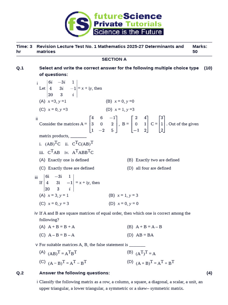 Revision Lecture Test No. 1 Mathematics 2025 27 Determinants and ...