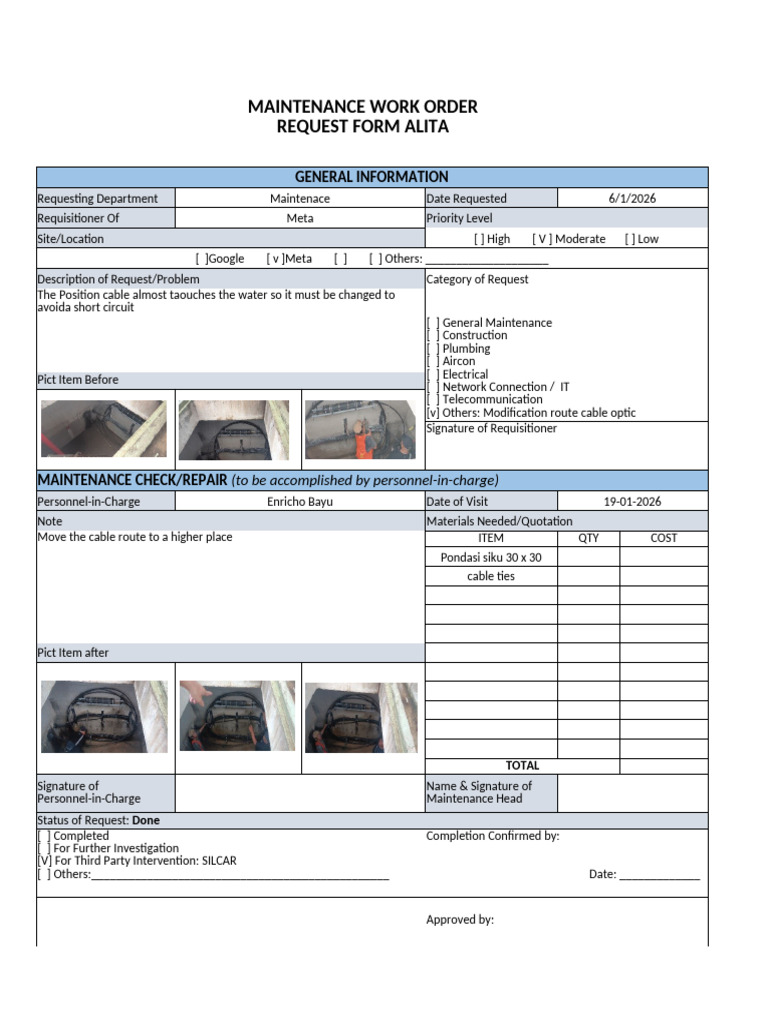 Maintenance Order Request Form Alita | PDF | Electronics | Electrical ...