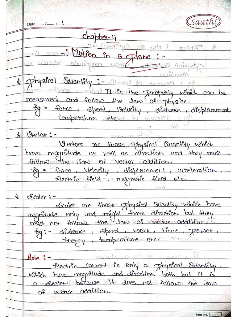Motion in A Plane Handwritten Notes | PDF