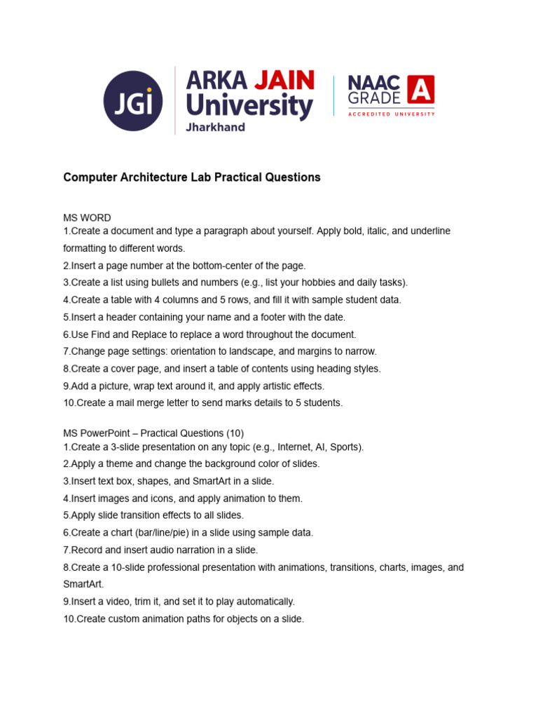 Computer Architecture Lab Practical Questions | PDF | Microsoft Excel ...