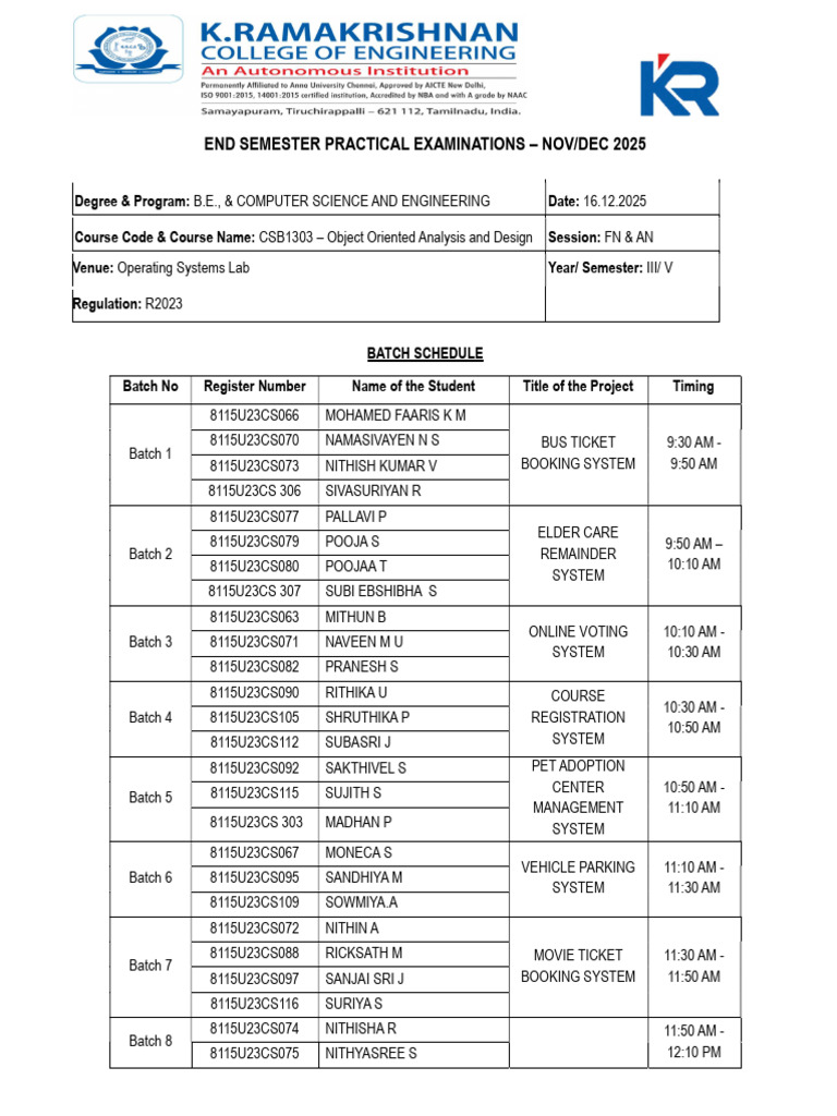 Ooad Project Batch Schedule - 16.12.2025 | PDF