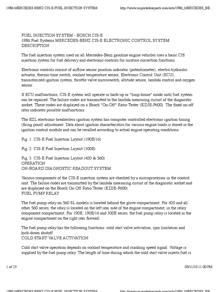 1986 Mercedes Benz Cis-E Fuel Injection System-1 | PDF | Ignition ...
