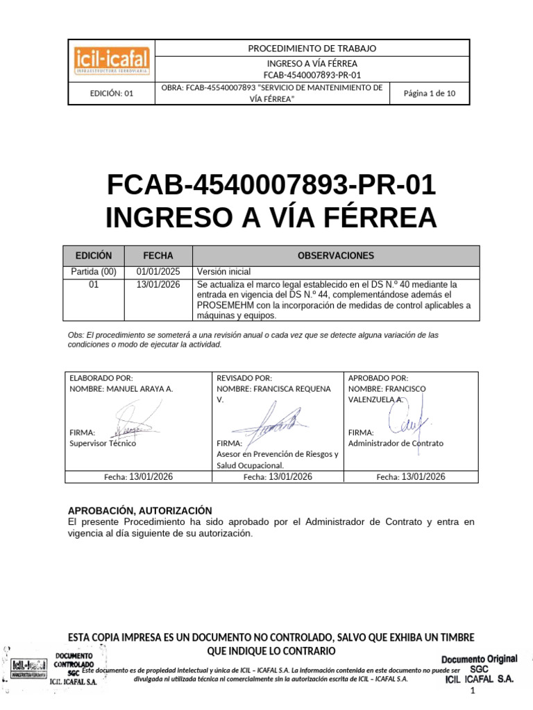 PR-01 Ingreso a via ferrea Ed00 listo | PDF | Seguridad y salud ocupacional