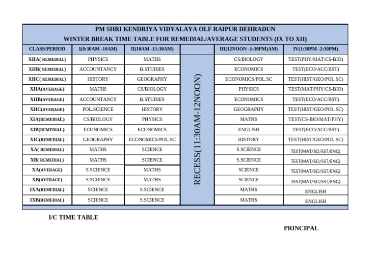 Winter Break Remedial Class Time Table for Ix to Xii | PDF