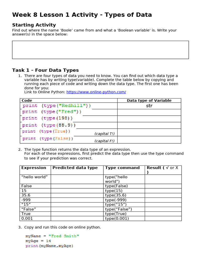 Worksheet 2. Week 8 Lesson 1 Activity - Types of Data | PDF | Data Type ...