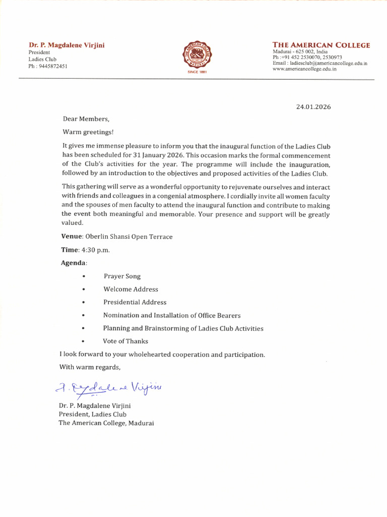 Invitation For The Inauguration of The Ladies Club - Reg. | PDF