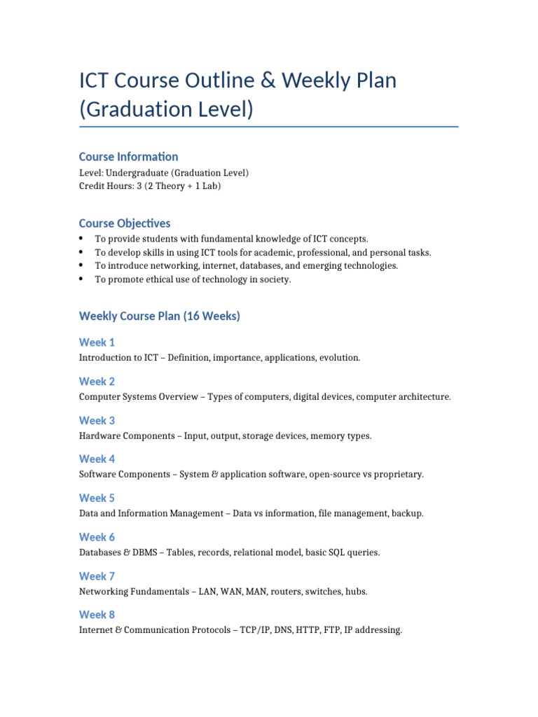 ICT Course Outline WeeklyPlan | PDF