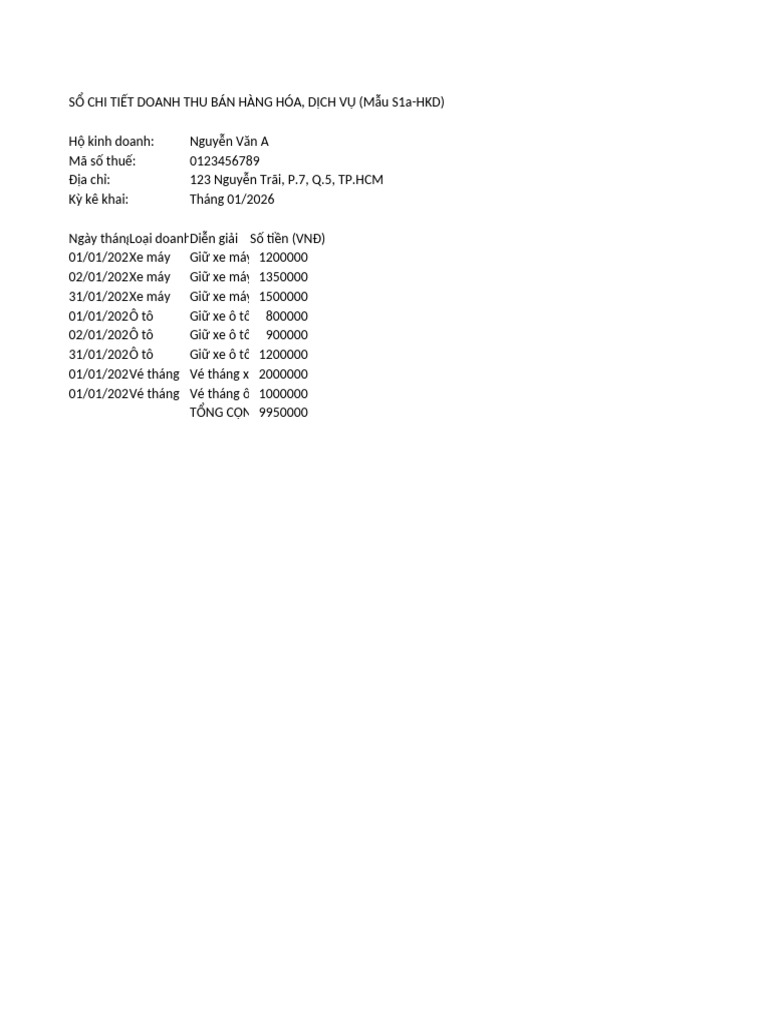 So Chi Tiet Doanh Thu S1a-HKD | PDF