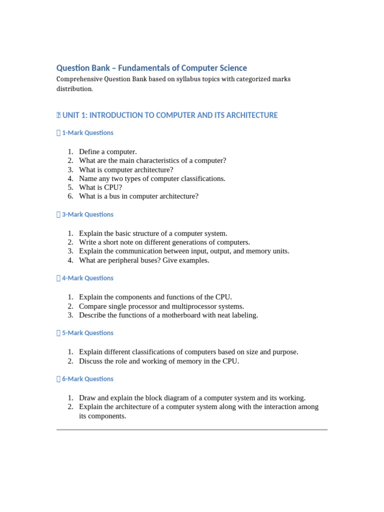 Fundamentals of Computer Science Question Bank | PDF | Computer Data ...