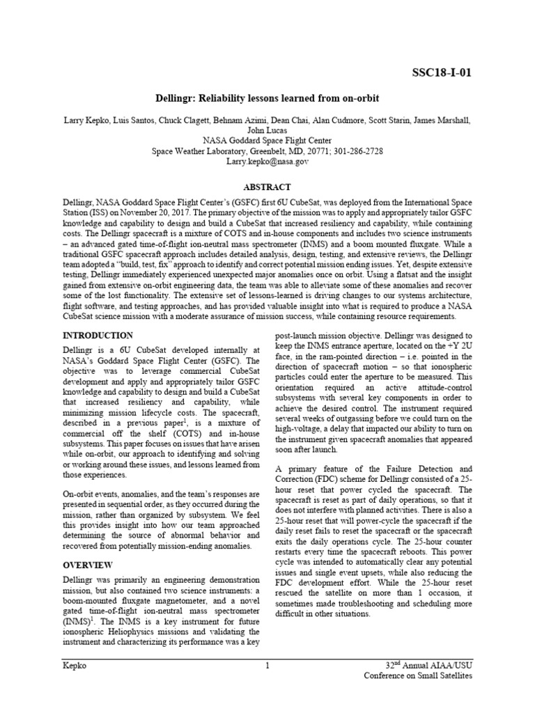 Dellingr Lessons Learned From On-Orbit | PDF | Goddard Space Flight ...