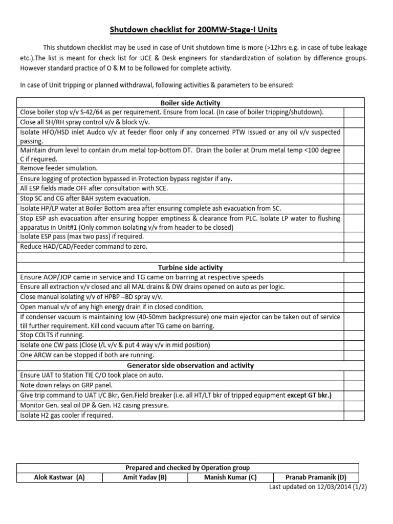 Shutdown Checklist 200 MW | PDF